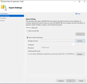 Exporting database from D365 FO tier 1 environments as a bacpac file ...